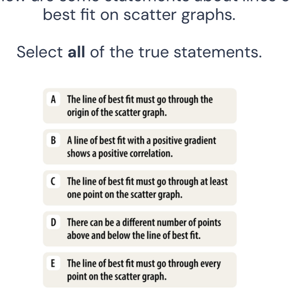 Solved: best fit on scatter graphs. Select all of the true statements ...