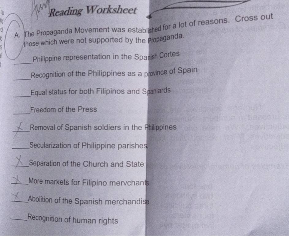 Solved: Reading Worksheet A. The Propaganda Movement was established ...