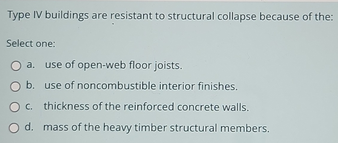 Solved: Type IV buildings are resistant to structural collapse because ...
