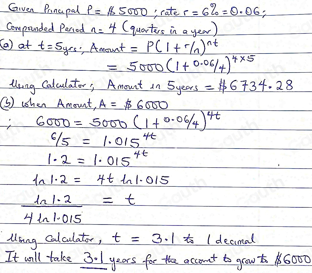 Solved: Suppose that $5000 is deposited at 6% compounded quarterly. (a ...