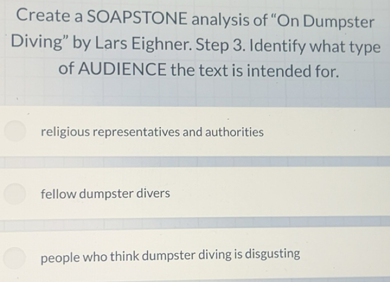 Solved: Create a SOAPSTONE analysis of “On Dumpster Diving” by Lars ...