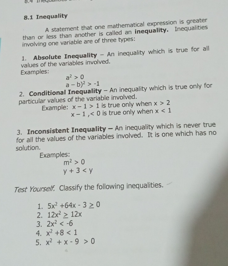Solved: 8.4 Inequz 8.1 Inequality A statement that one mathematical ...