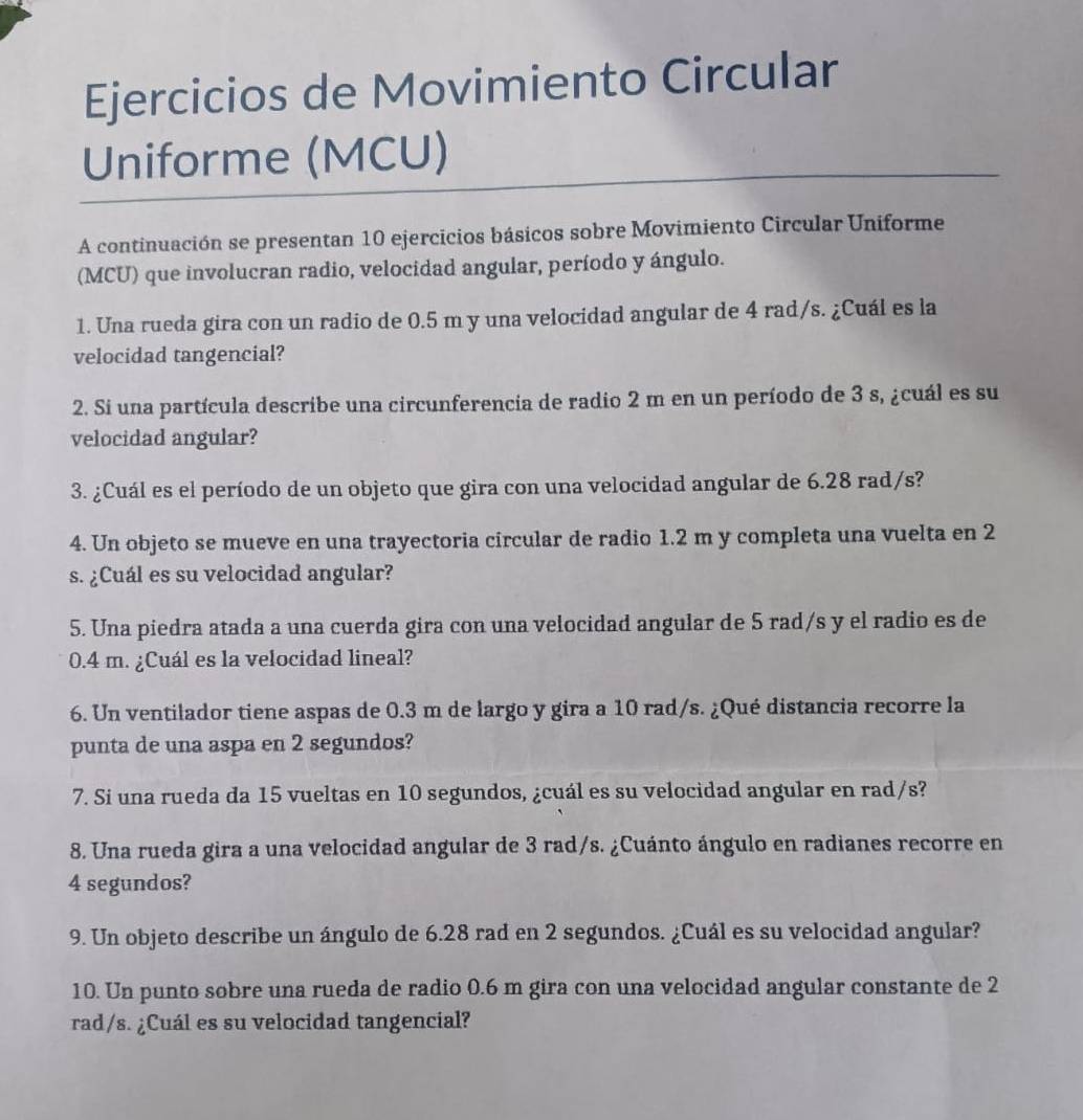 Resuelto:Ejercicios de Movimiento Circular Uniforme (MCU) A ...