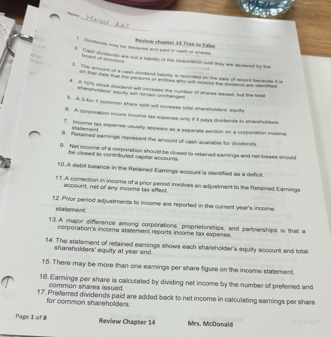 Solved: Name on u Review chapter 14 True or False 1. Dividends may be ...
