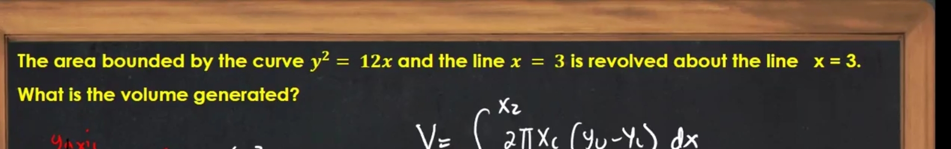 Solved: The area bounded by the curve y^2 = 12x :and the line x = 3 is revolved about the line x ...