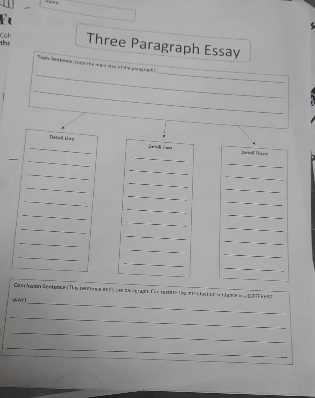 Solved: Name: Col the Three Paragraph Essay _ _ Topic Sentence (state ...