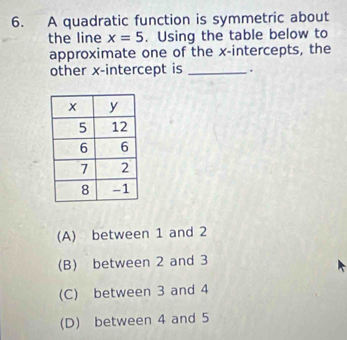 Solved: A quadratic function is symmetric about the line x=5. Using the ...