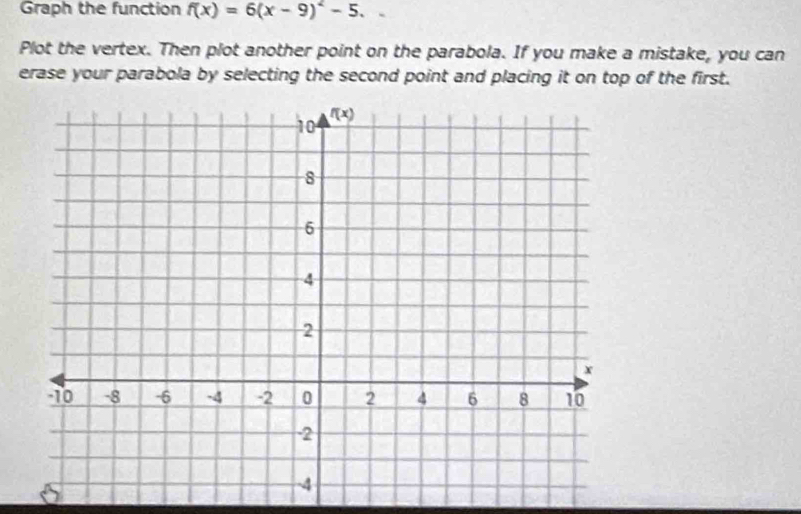 Solved: Graph the function f(x)=6(x-9)^2-5. Plot the vertex. Then plot ...