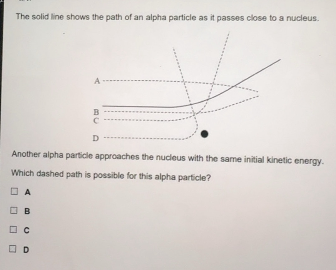 Solved: The solid line shows the path of an alpha particle as it passes ...