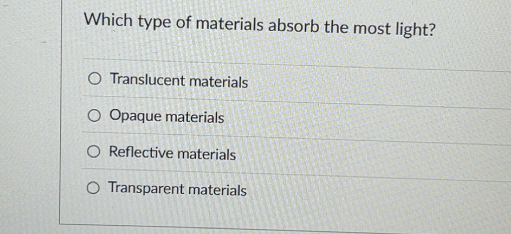 Solved: Which type of materials absorb the most light? Translucent ...