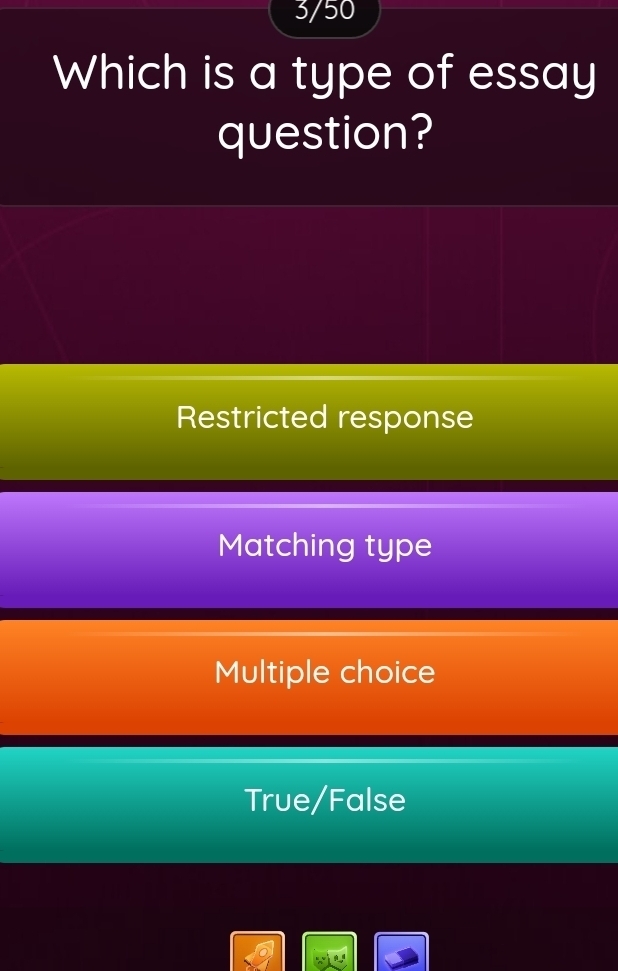 Solved: 3/50 Which is a type of essay question? Restricted response ...