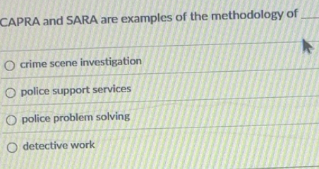 Solved: CAPRA and SARA are examples of the methodology of_ crime scene ...