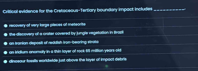 Solved: Critical evidence for the Cretaceous-Tertiary boundary impact ...