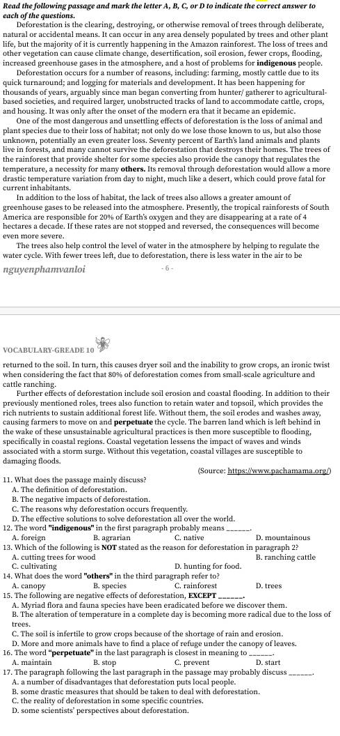 Giải quyết:Read the following passage and mark the letter A, B, C, or D ...