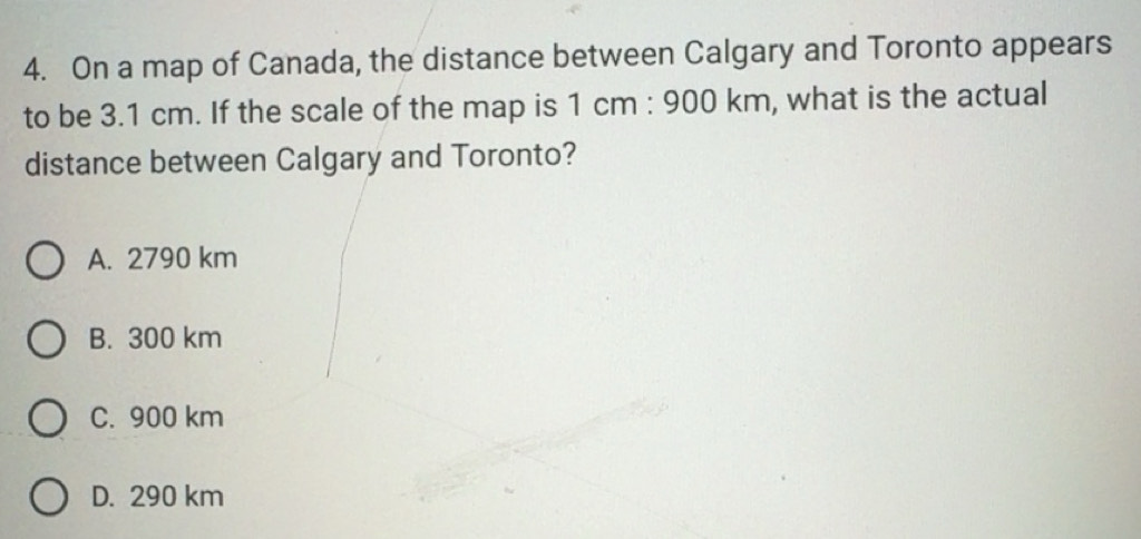 Solved: On a map of Canada, the distance between Calgary and Toronto ...