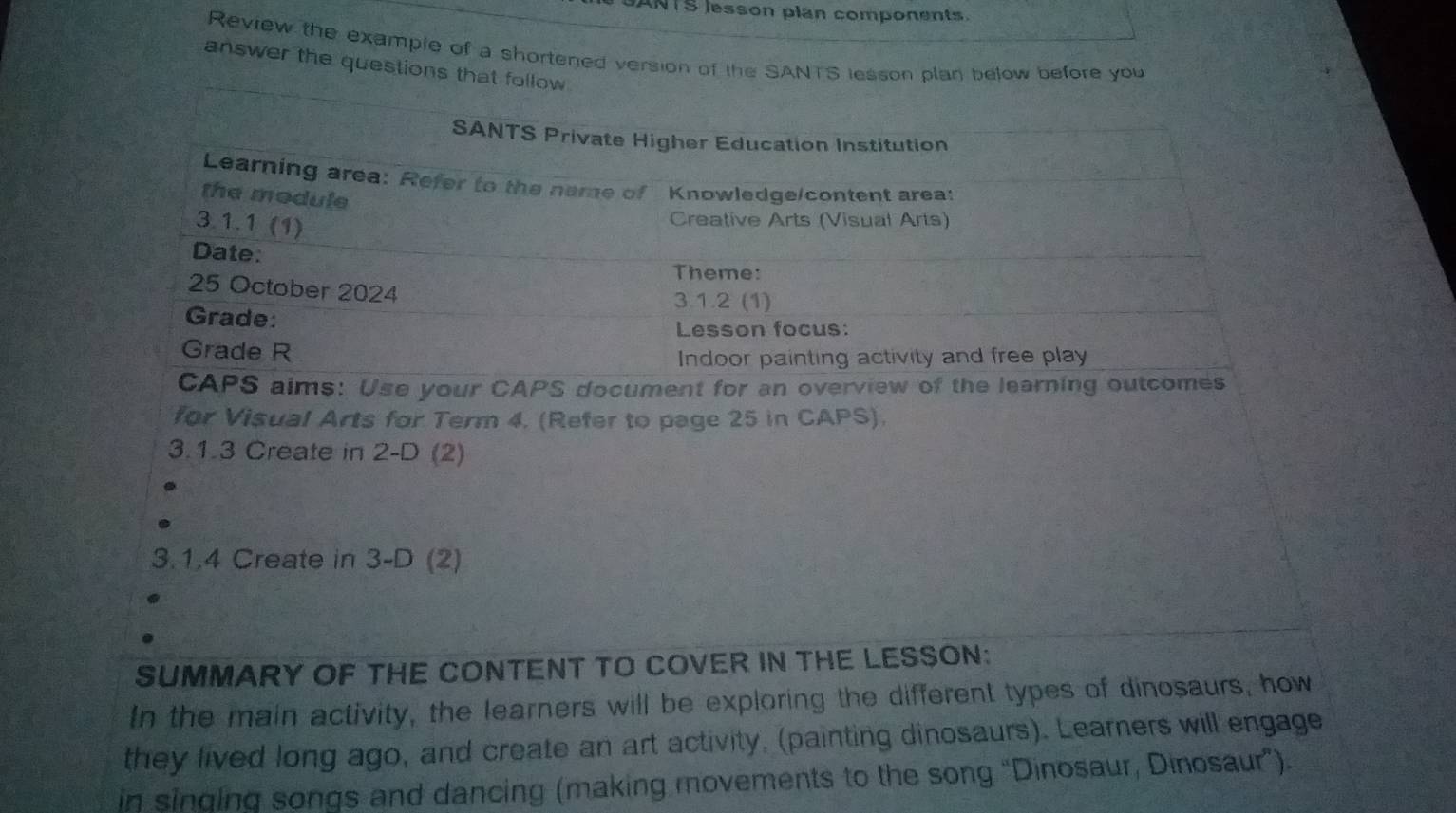 Solved: SANTS lesson plan components. Review the example of a shortened ...