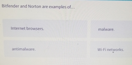 Solved: Bitfender and Norton are examples of.. Internet browsers ...