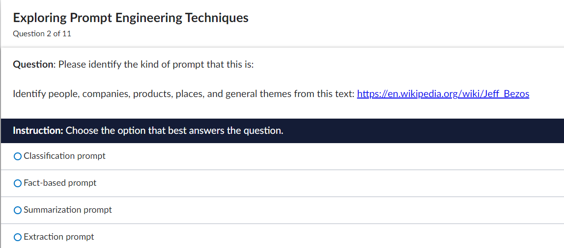 Solved: Exploring Prompt Engineering Techniques Question 2 of 11 ...