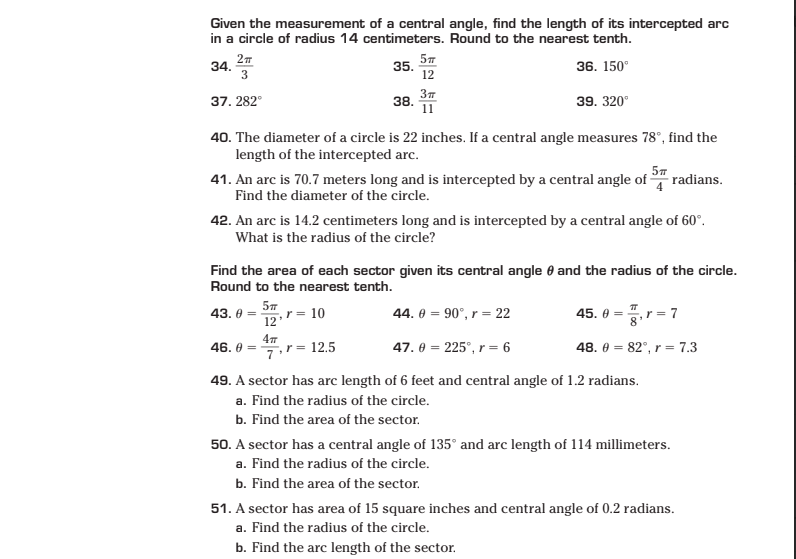 Solved: Given the measurement of a central angle, find the length of ...