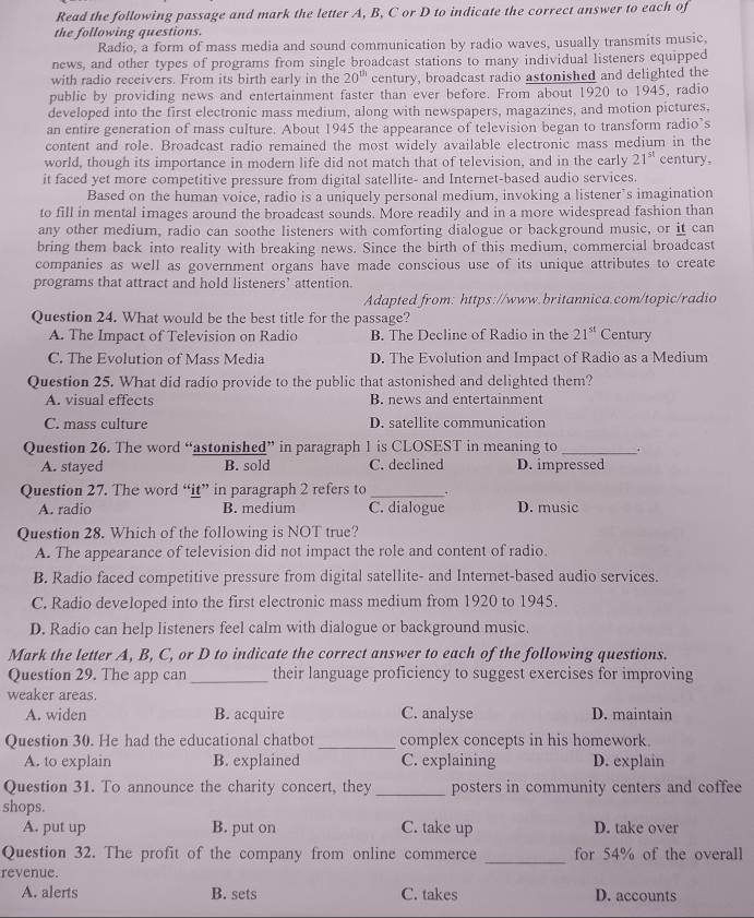 Giải quyết:Read the following passage and mark the letter A, B, C or D ...