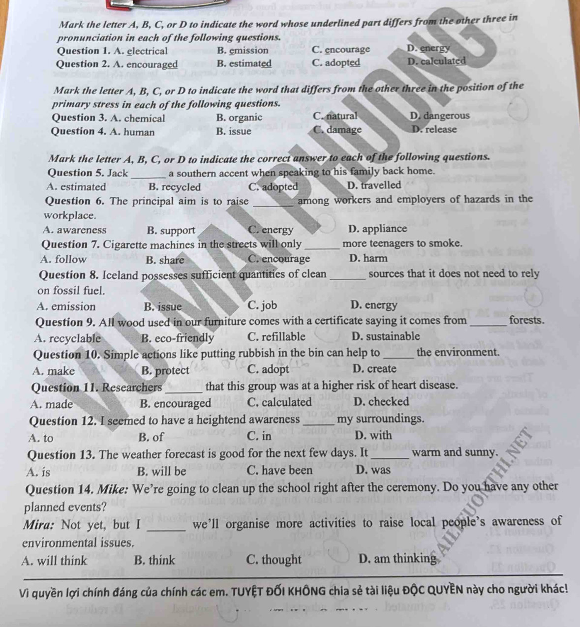 Giải quyết:Mark the letter A, B, C, or D to indicate the word whose ...