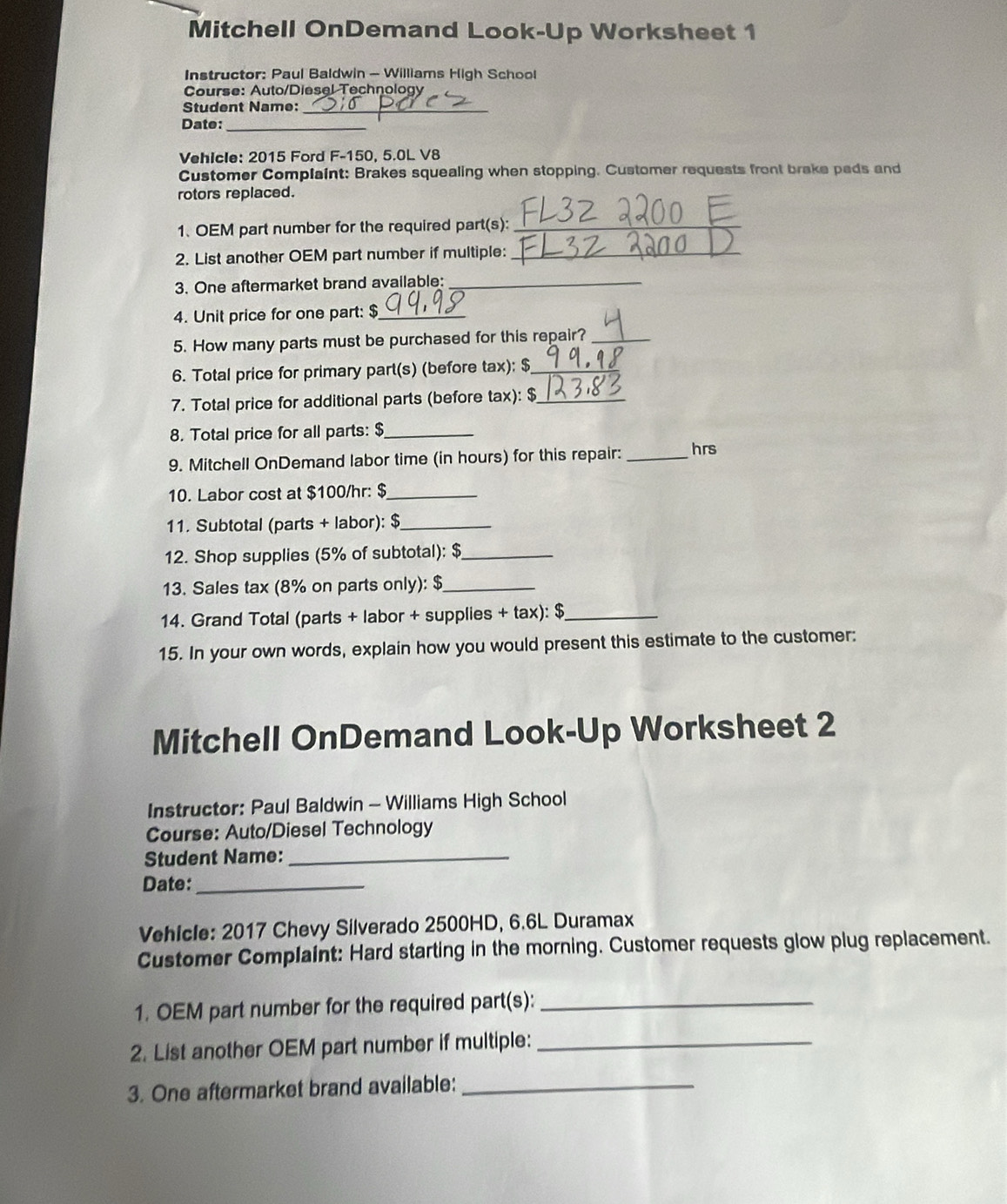 Solved: Mitchell OnDemand Look-Up Worksheet 1 Instructor: Paul Baldwin ...