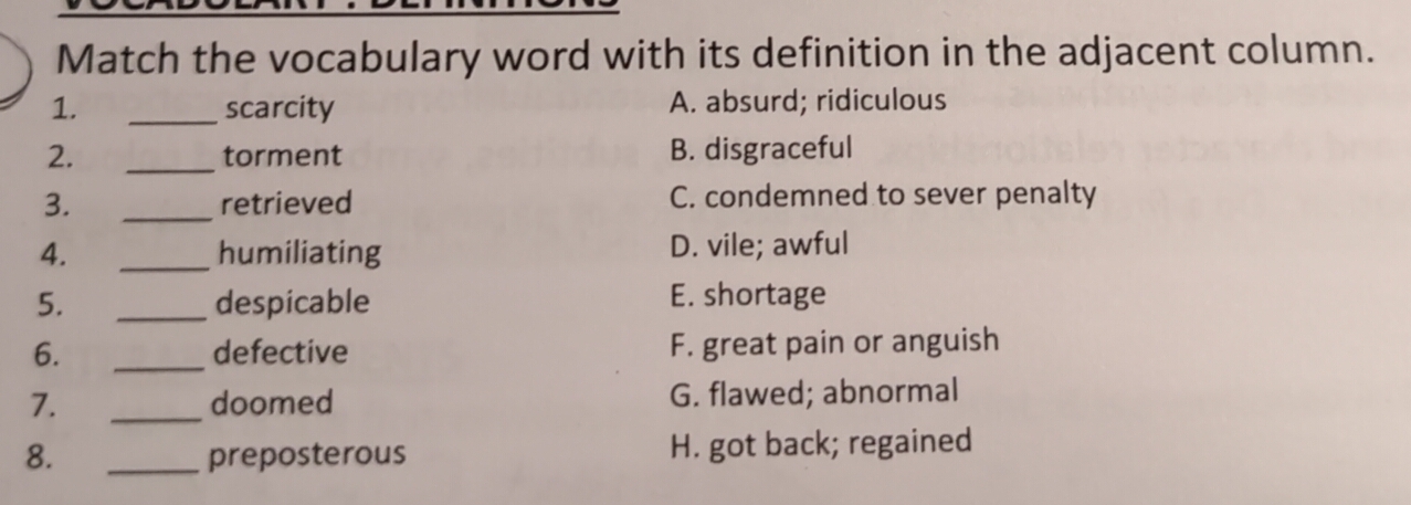 Solved: Match the vocabulary word with its definition in the adjacent ...
