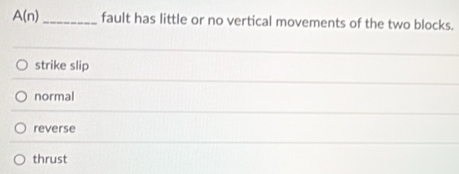 Solved: A(n) _fault has little or no vertical movements of the two ...