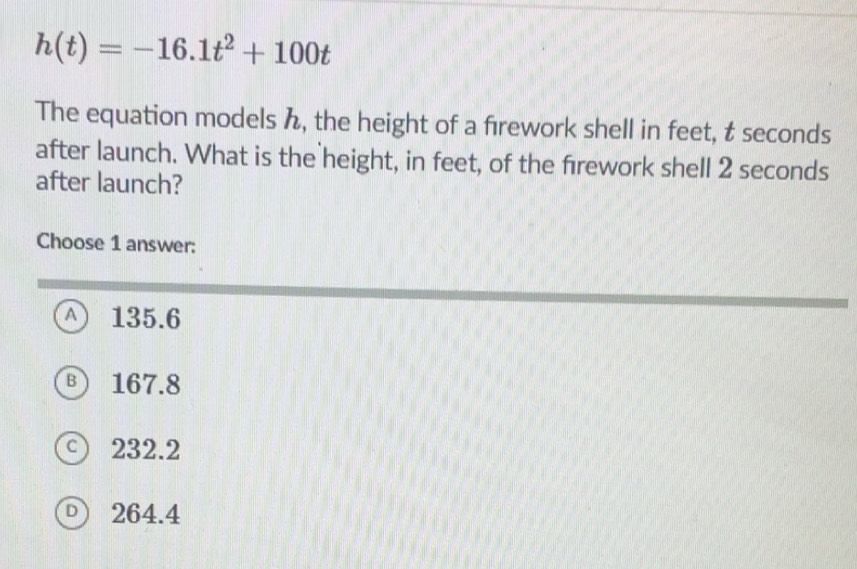 Gelöst:h(t)=-16.1t^2+100t The equation models , the height of a ...