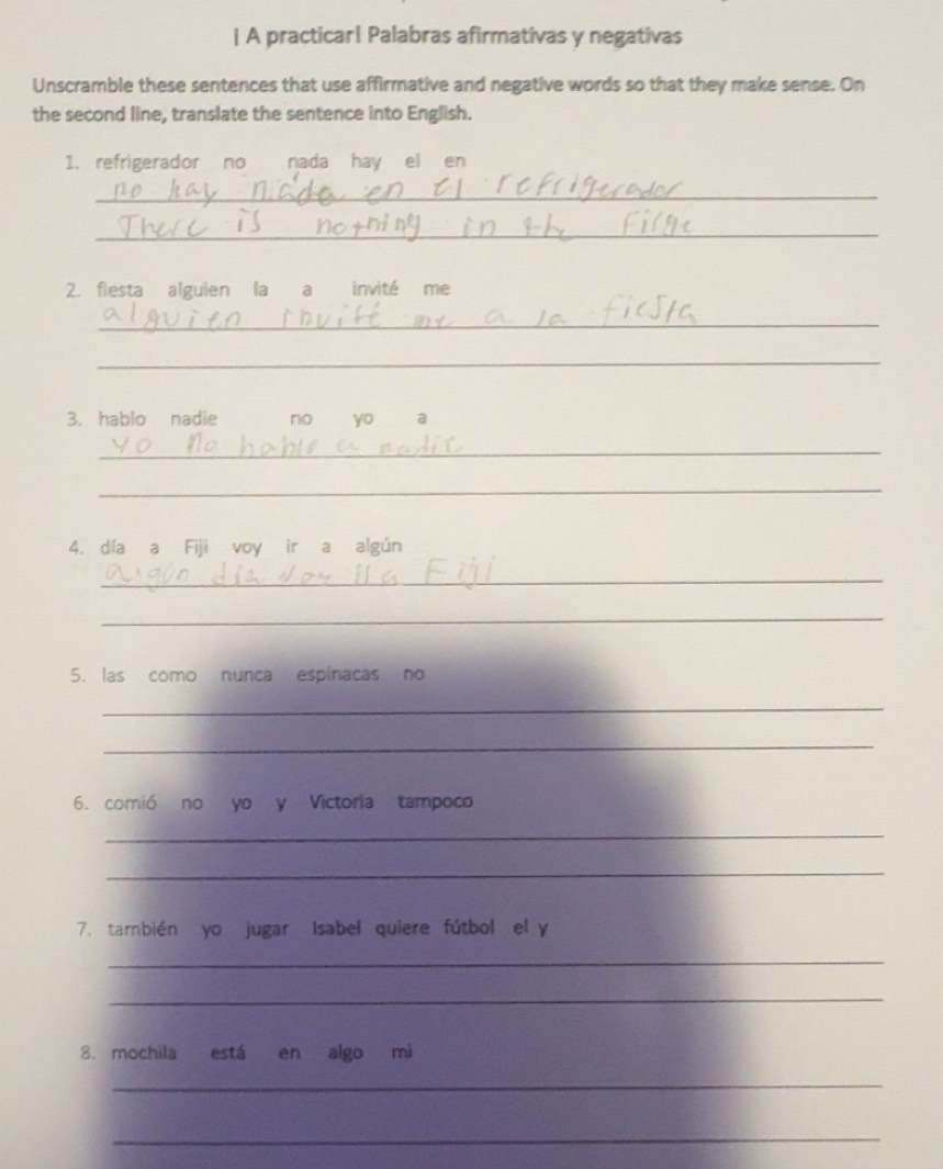 Solved: A practicar! Palabras afirmativas y negativas Unscramble these ...