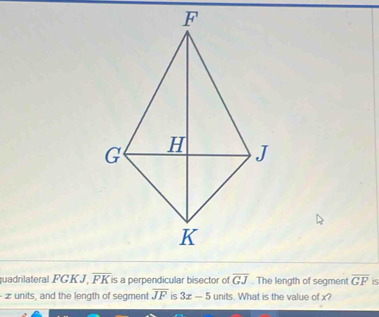 Solved: quadrilateral FGKJ, overline FK is a perpendicular bisector of overline GJ. The length ...