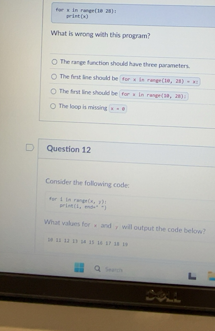 Gelöst:for x in range (10 28) : print(x) What is wrong with this ...