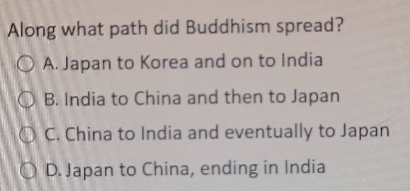 Solved: Along what path did Buddhism spread? A. Japan to Korea and on ...
