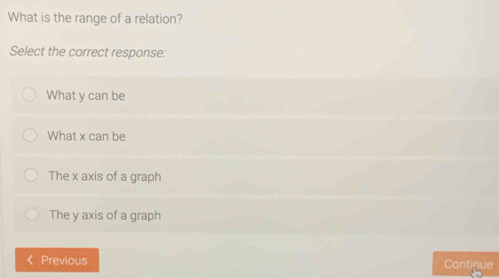 Solved: What is the range of a relation? Select the correct response ...