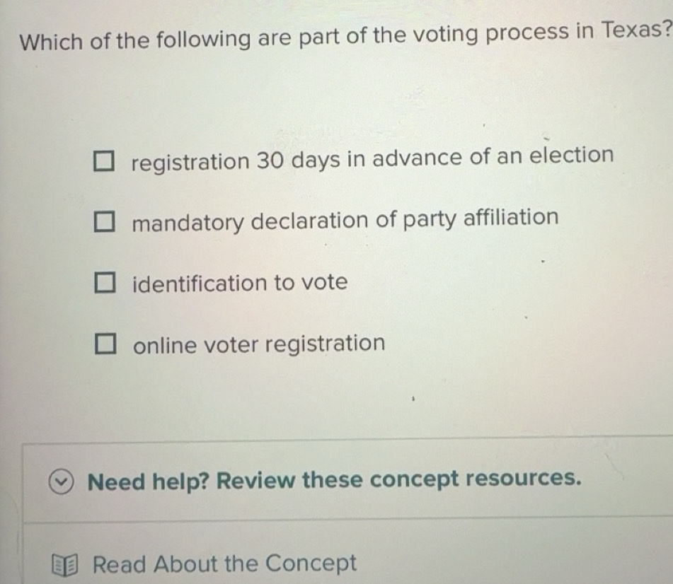 Solved: Which of the following are part of the voting process in Texas ...
