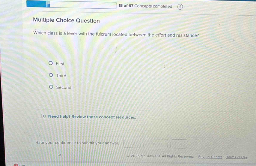 Solved: of 67 Concepts completed Multiple Choice Question Which class is a lever with the ...