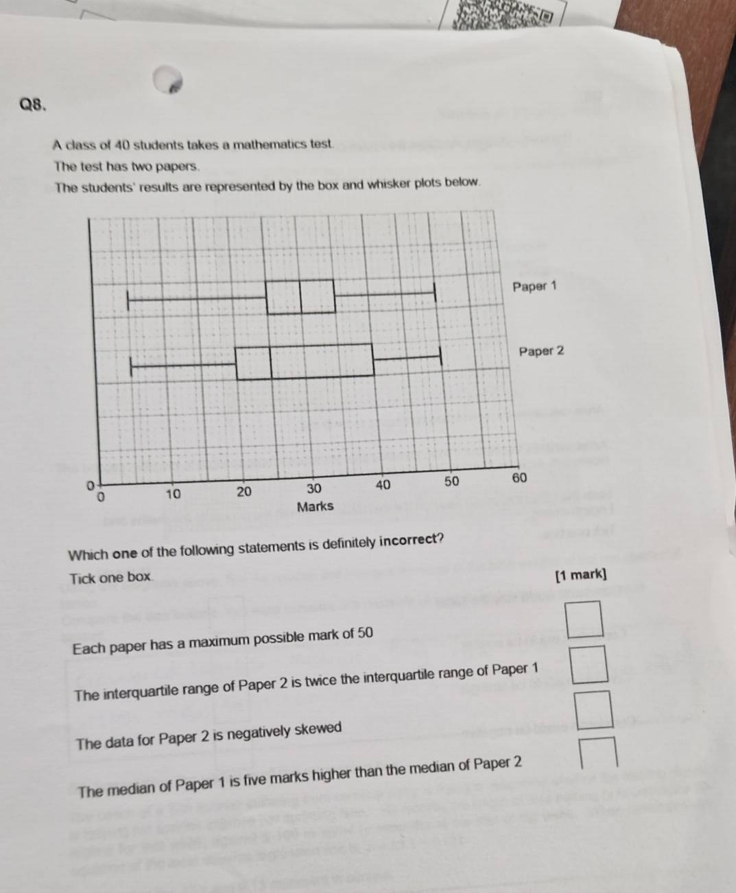 Gelöst:A class of 40 students takes a mathematics test. The test has ...