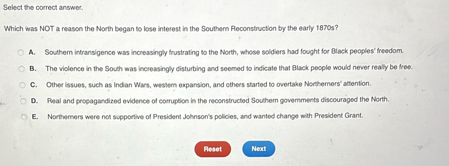 Solved: Select the correct answer. Which was NOT a reason the North ...