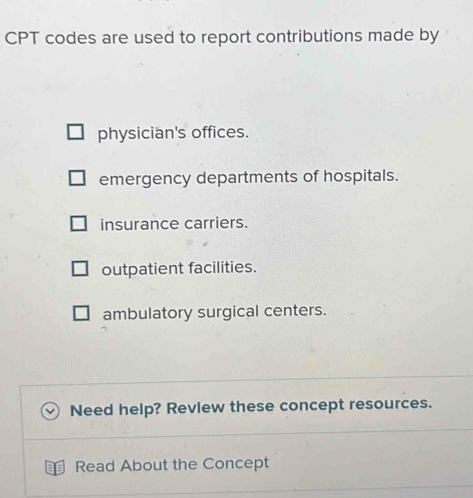 Solved: CPT codes are used to report contributions made by physician's offices. emergency ...