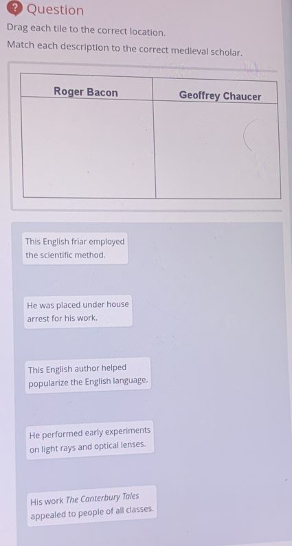 Solved: Question Drag each tile to the correct location. Match each ...