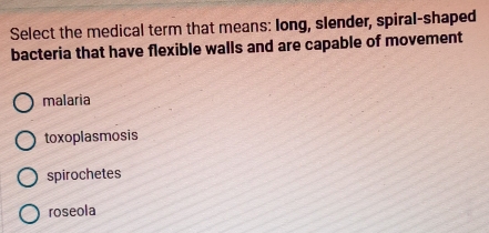 Solved: Select the medical term that means: long, slender, spiral ...