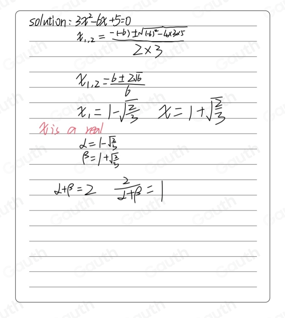 Solved: 10/If α and β are the roots of the equation 3x^2-6x+5=0 , then ...