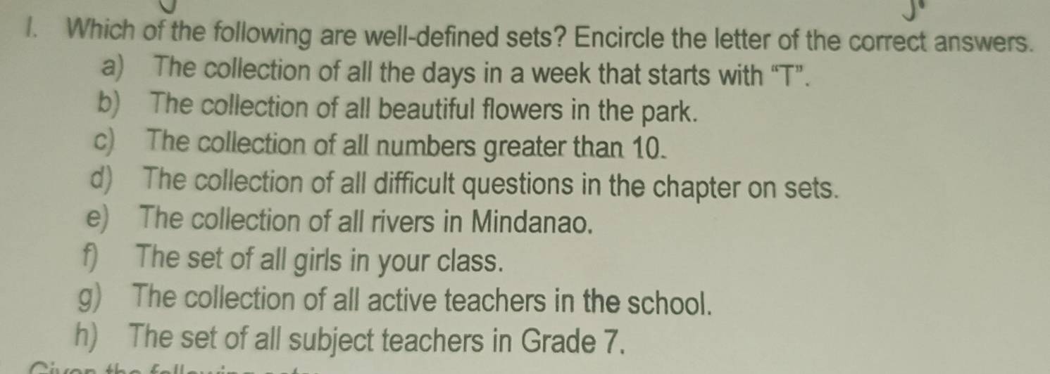 Solved: Which of the following are well-defined sets? Encircle the letter of the correct answers ...