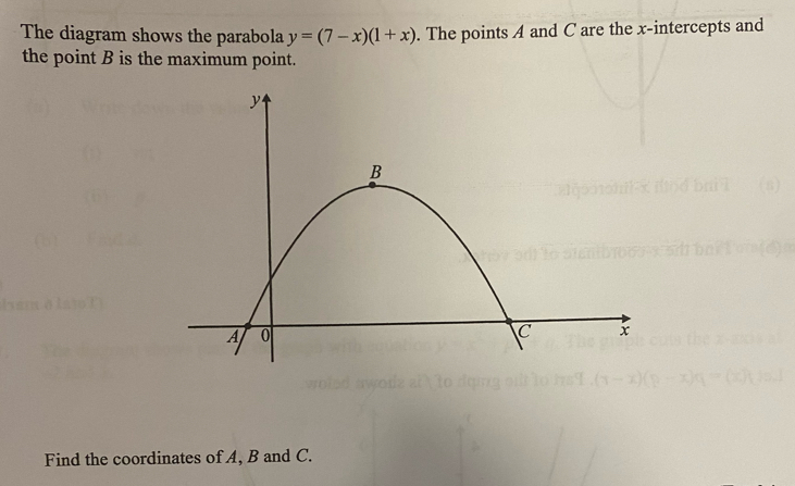 Solved: The diagram shows the parabola y=(7-x)(1+x). The points A and C ...