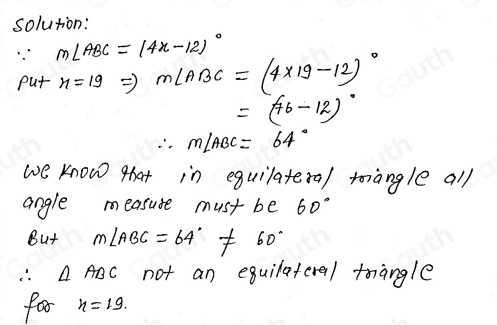 Solved: In triangle ABC, m∠ ABC=(4x-12)^circ and m∠ ACB=(2x+26)^circ ...