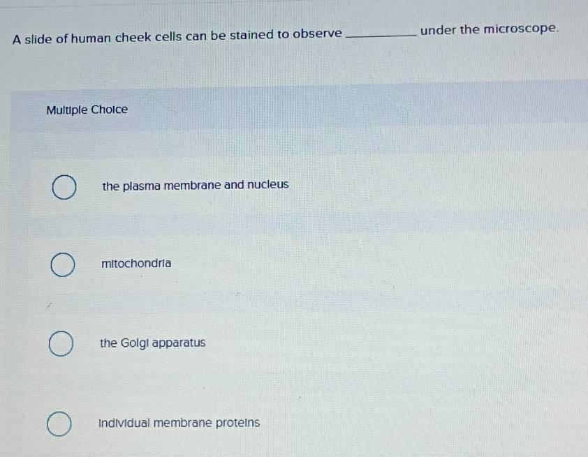 Solved: A slide of human cheek cells can be stained to observe _under ...