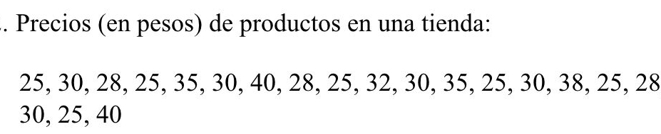 Resuelto:Precios (en pesos) de productos en una tienda: 25, 30, 28, 25 ...