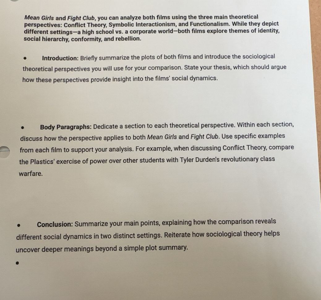 Solved: Mean Girls and Fight Club, you can analyze both films using the ...