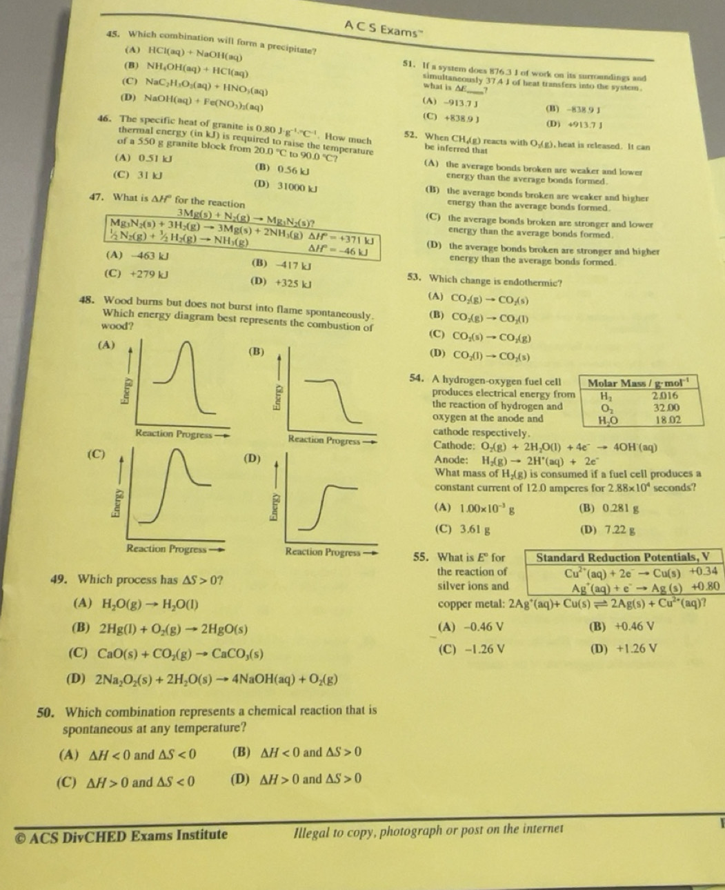 Solved: A C S Exams''' 45. Which combination will form a precipitate ...