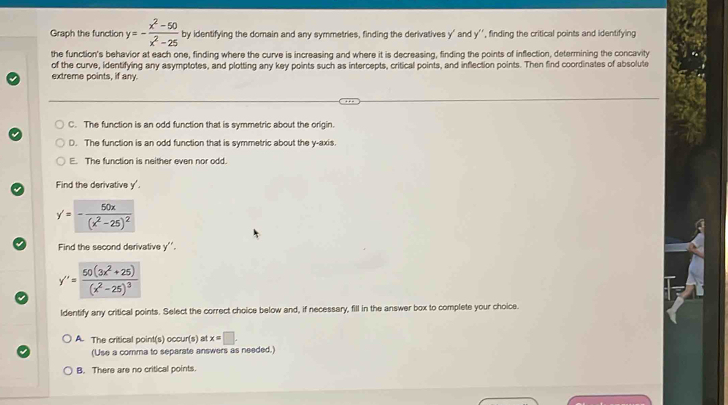 Solved: Graph the function y=- (x^2-50)/x^2-25 by identifying the ...